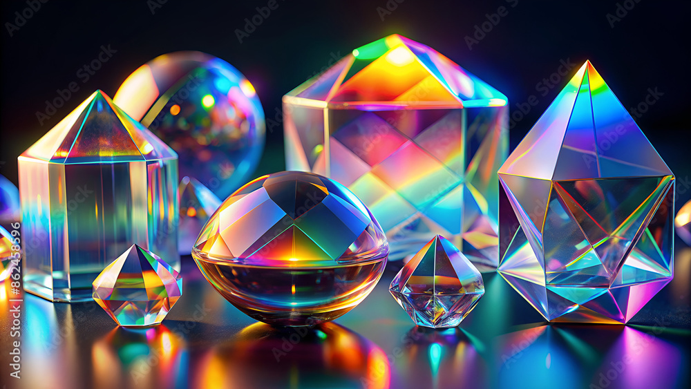 3d crystal glass shapes with refraction and holographic effect isolated ...
