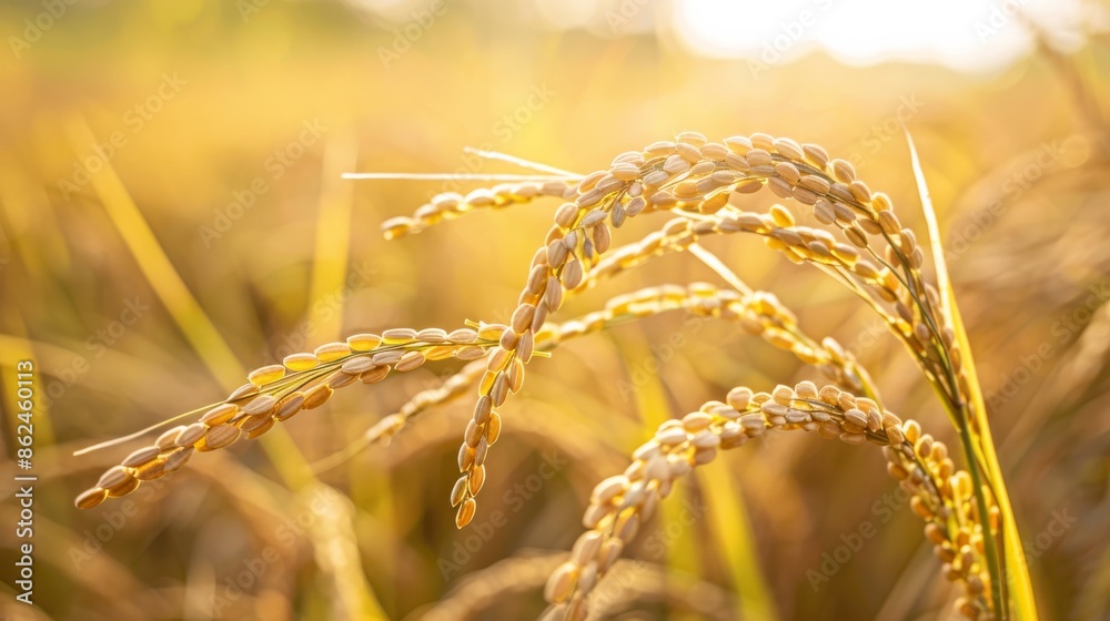 Golden rice grains illuminated by warm sunlight in a field ...