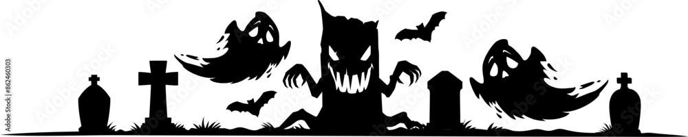 Halloween frame border and divider with black spooky silhouettes ...