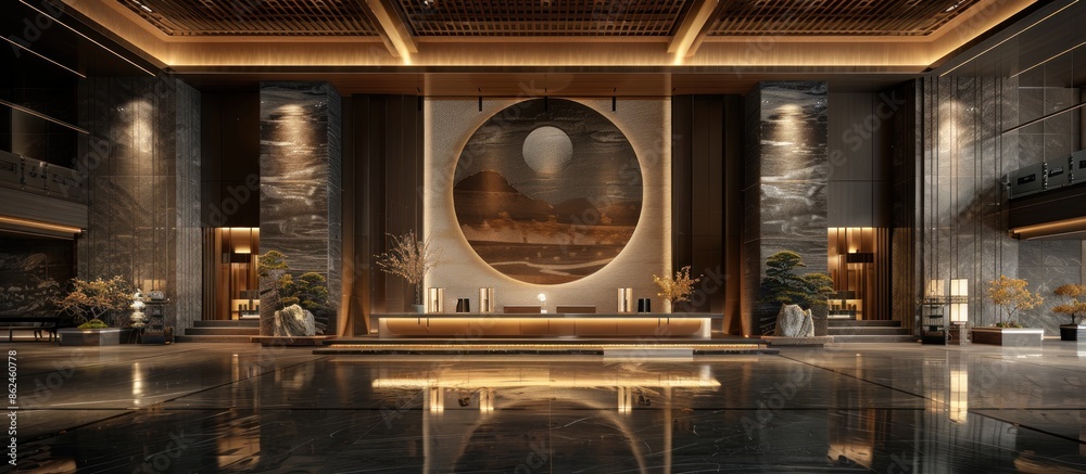 Modern Asian-inspired hotel lobby interior design with circular artwork ...