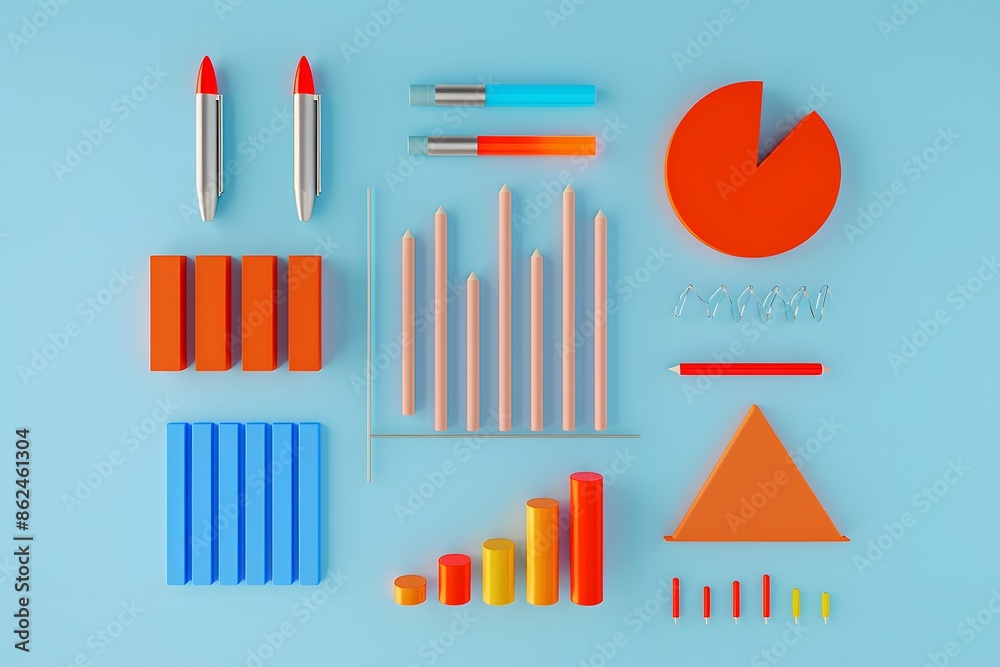 Colorful 3D business charts and graphs on a light blue background ...