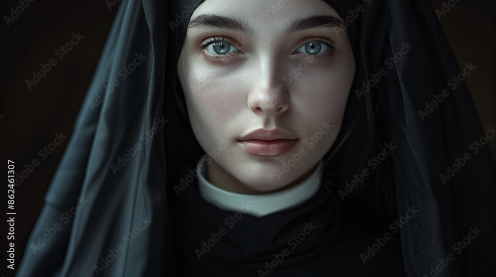 Elegant black nun in full frame portrait. A woman's strong look and ...