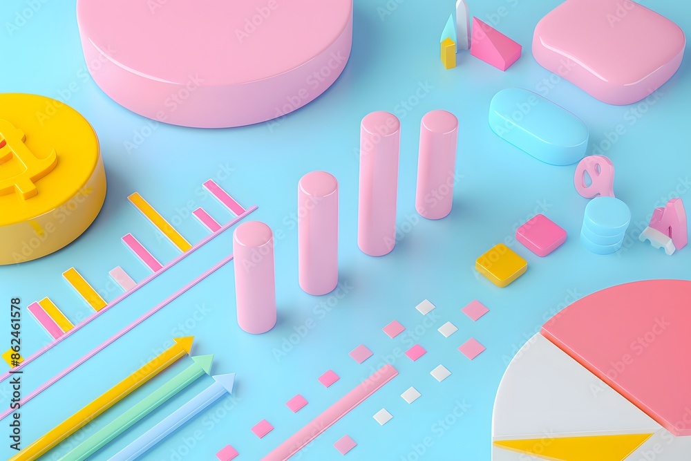 Colorful 3D infographic elements on a blue background showcasing charts ...