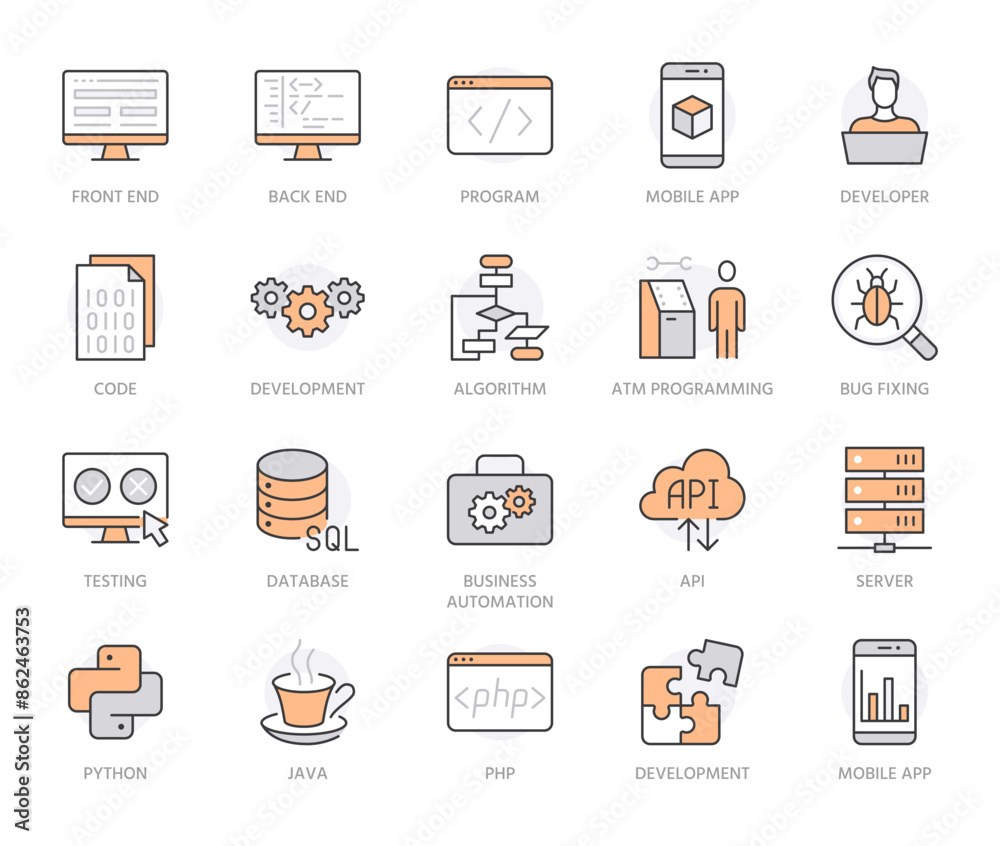 Software Development Flat Line Icons Set Programming Language Application Api Computer
