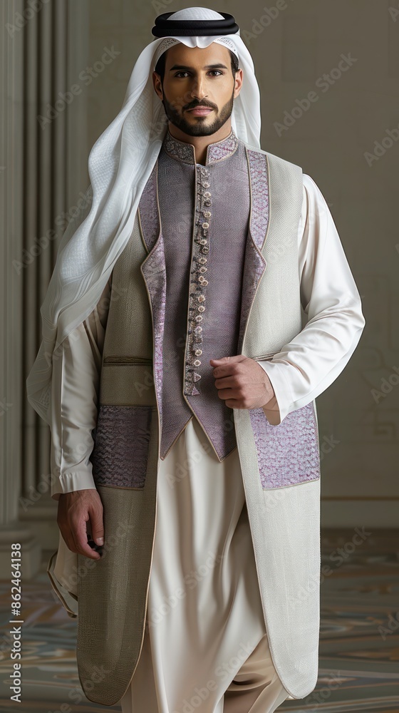 full shot for a Saudi man model wearing a Saudi white thobe and a beige ...