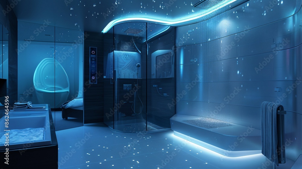 Artistic composition of a high-tech restroom with a futuristic shower ...