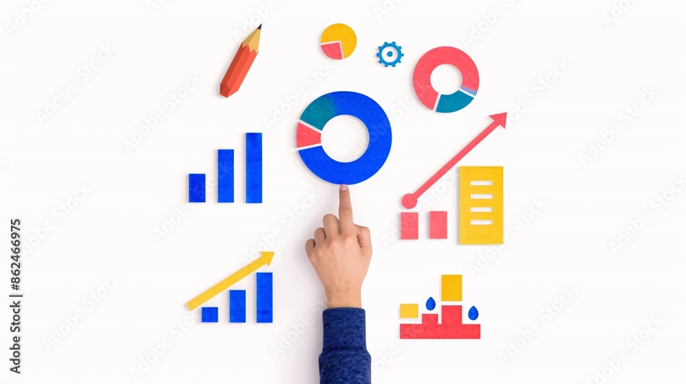 Hand pointing at charts and graphs symbolizing data analysis and ...