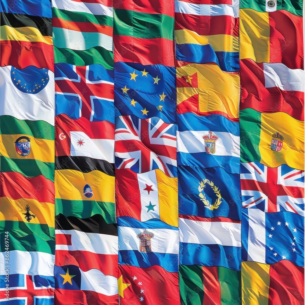 Wall of flags from countries around the world. Diverse international ...