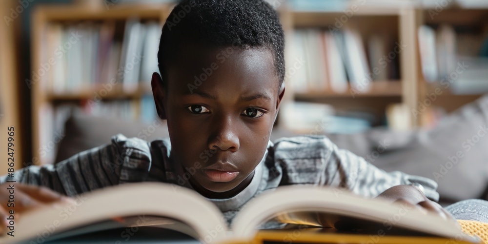 Concentrated black boy child doing his homework at home. The boy ...