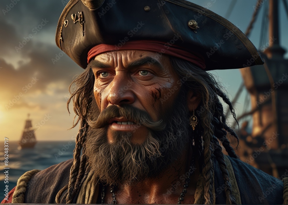 The infamous pirate Blackbeard emerges in vivid detail. His weathered ...
