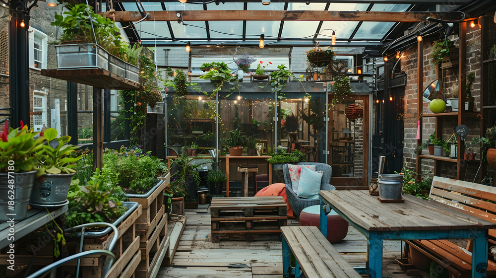 Rustic-themed garden terrace featuring recycled pallet furniture ...