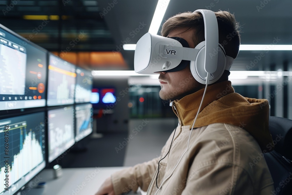 Man using VR headset in a high tech control room, interacting with ...