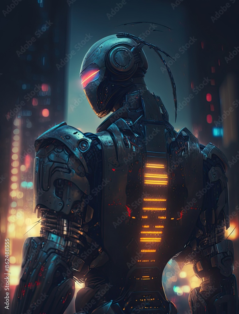 Robot is helpful, cyberpunk, kind of expanding brand, with background ...