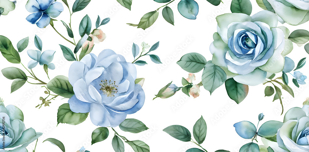 isolated Seamless border with blue flowers, leaves. vintage watercolor ...