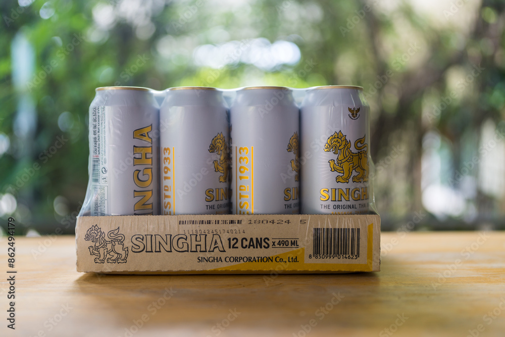 Bangkok, Thailand - June 24, 2024 : A packs 12 Singha beer long can ...