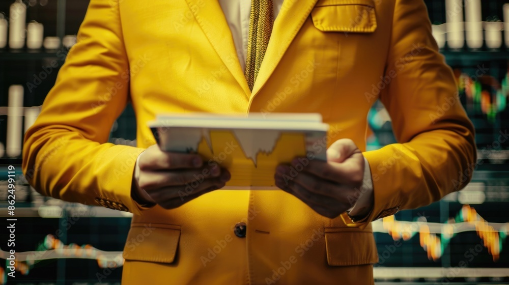 Man in the yellow suit, his hands are showing a white flipchart in ...