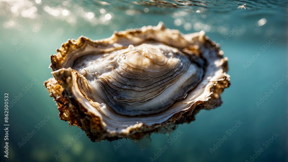 underwater shot of an oyster shell slightly open, drawing in water rich ...