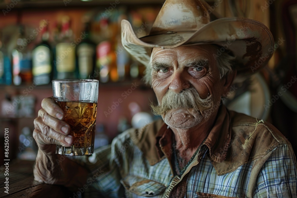 Old worn cowboy in a saloon holding a glass of whiskey - old west ...