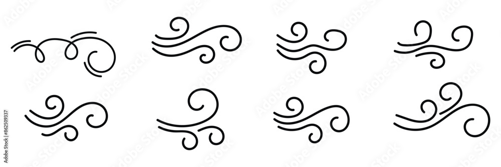 Doodle wind line sketch set. Hand drawn doodle wind motion, air blow ...