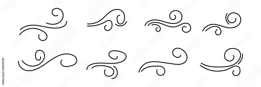 Wind doodle line shape set air wind flow spiral curve hand drawn doodle ...