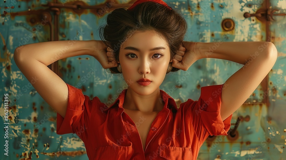 Retro style pin-up pose of korean woman flexing her arms in sign of ...
