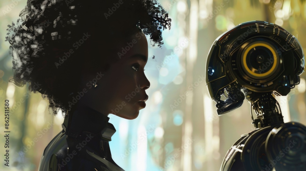 Portrait of fictional black or afro woman in the future as a robot ...