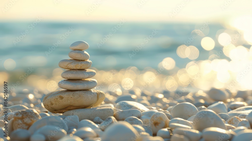 Balanced rock pyramid on pebbled beach with golden sea bokeh Zen stones ...