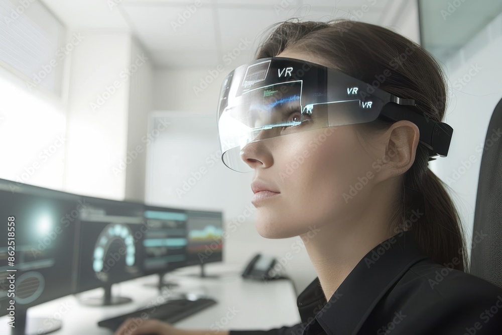 Woman using augmented reality glasses in a modern office, interacting with digital interfaces ...