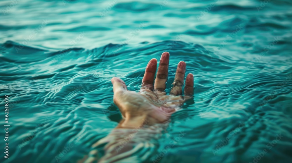 The desperate hand of a drowning person in sea water, quickly needing ...