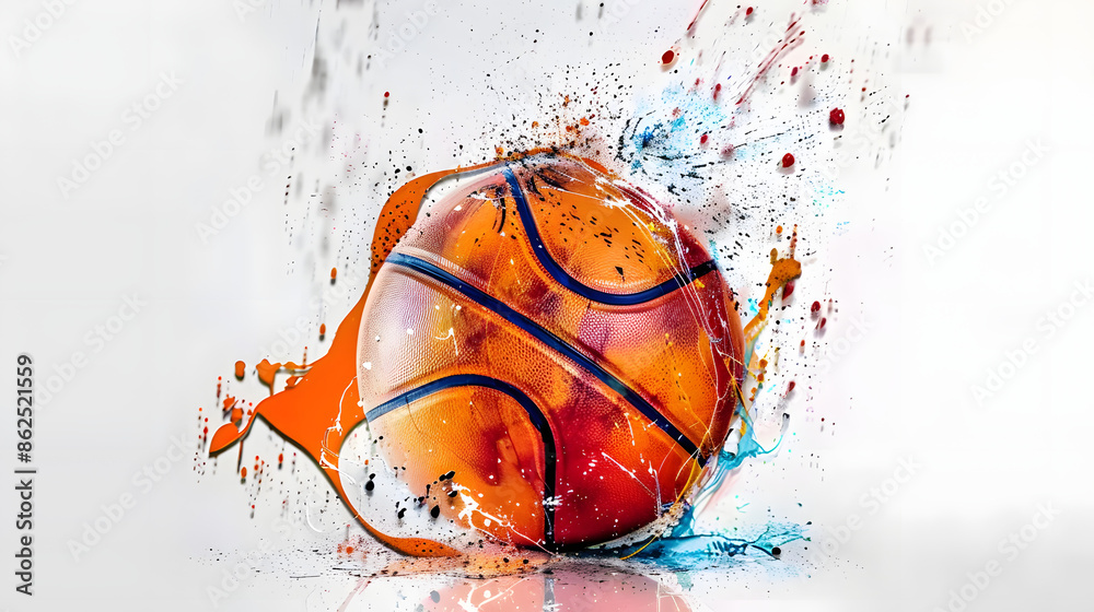 Abstract basketball ball artwork with colorful paint splashes on white ...
