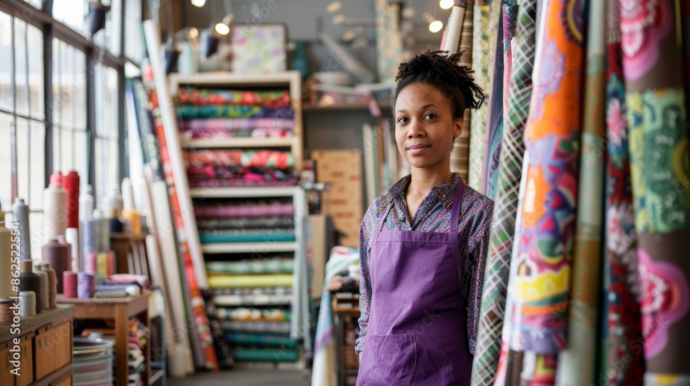 portrait of a friendly fabric store owner. A black woman in her 30s ...
