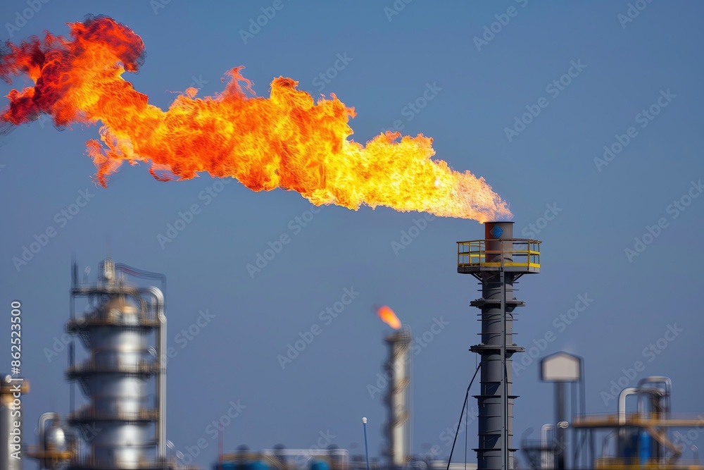 A gas flare stack with flames burning. Oil and gas industry ...