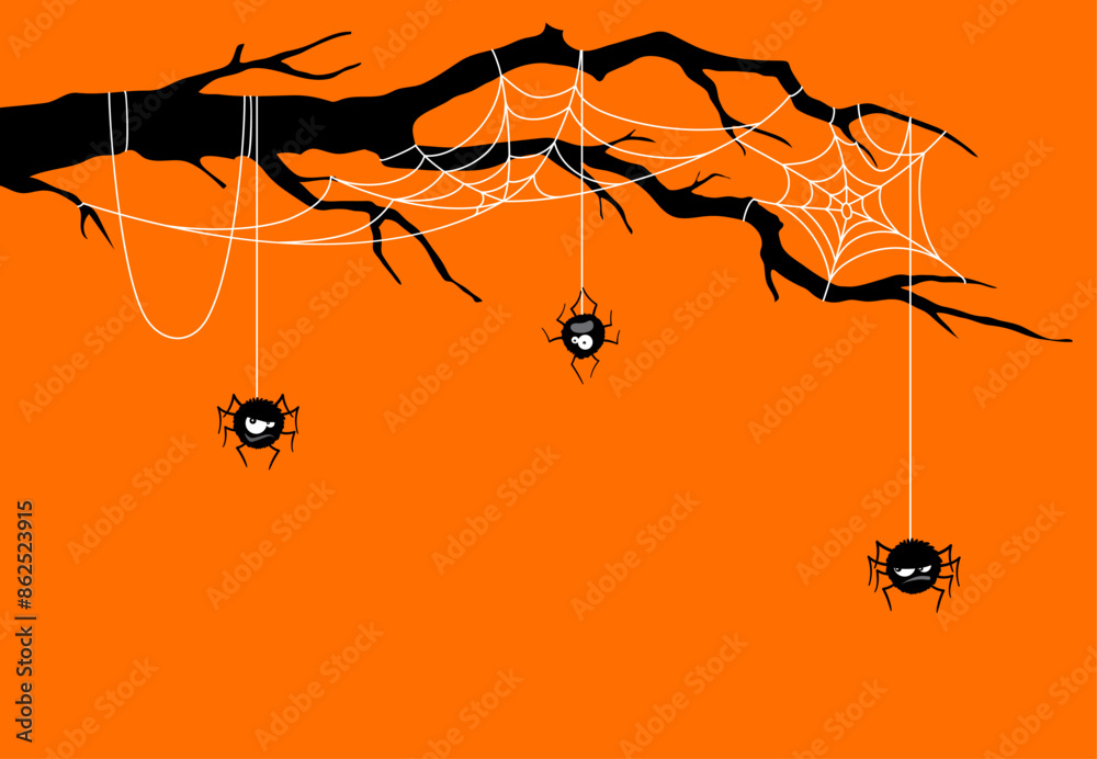 Cartoon Halloween cobweb and funny spiders on tree branch border ...