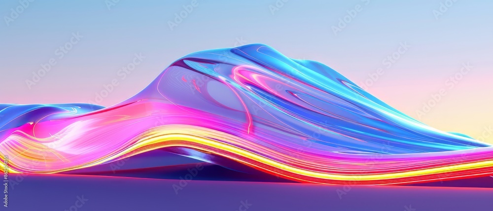 Desert Landscape of Giant Soundwave Dunes. Neon light waves soundwaves ...