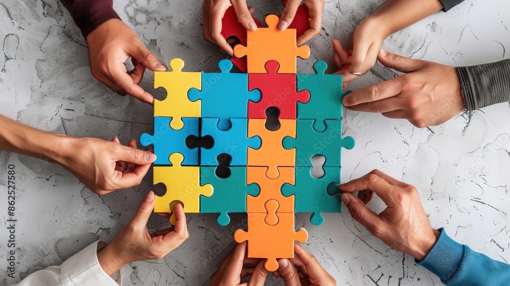 Teamwork of business people working together and combining pieces of a ...