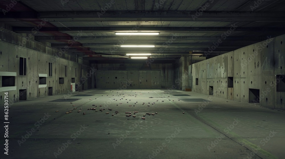 Enigmatic portrayal of a deserted indoor rifle shooting range, the ...