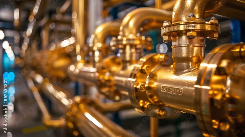 Gold-colored PVC pipeline in an industrial city water treatment ...