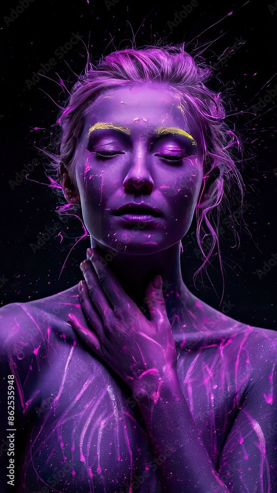 Glowing Bio-luminance portrait of a lust seductive girl woman wearing nothing purple body paint ...