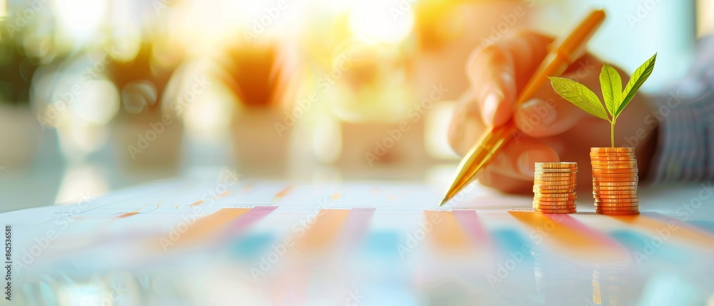 Person examining financial charts with coins and plant growth ...