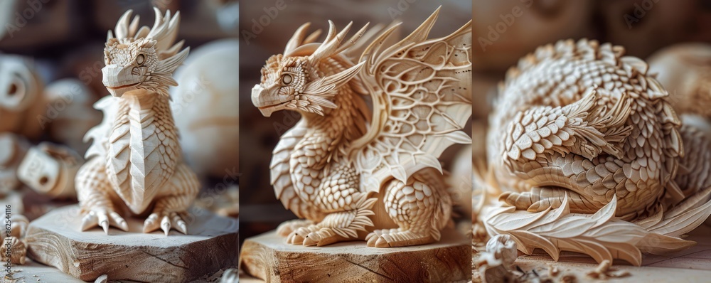 An artist crafting intricate woodcarvings, transforming blocks of wood ...