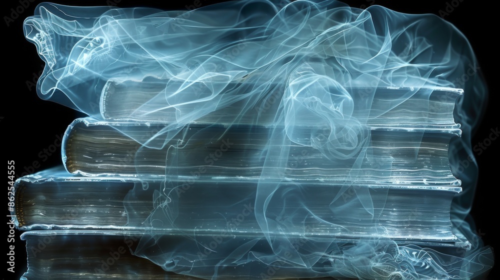 X-ray scan of a stack of books, showing the layers of pages and the ...