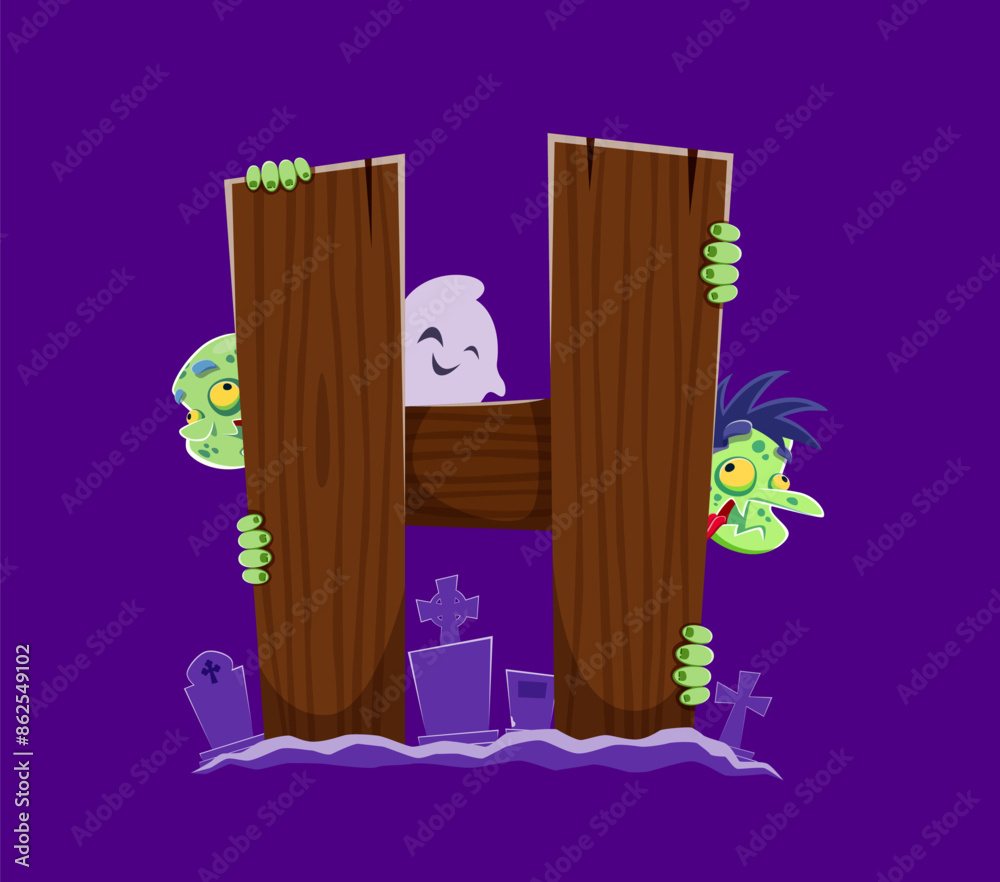 Halloween font, letter H with zombie and ghosts on cemetery, cartoon ...