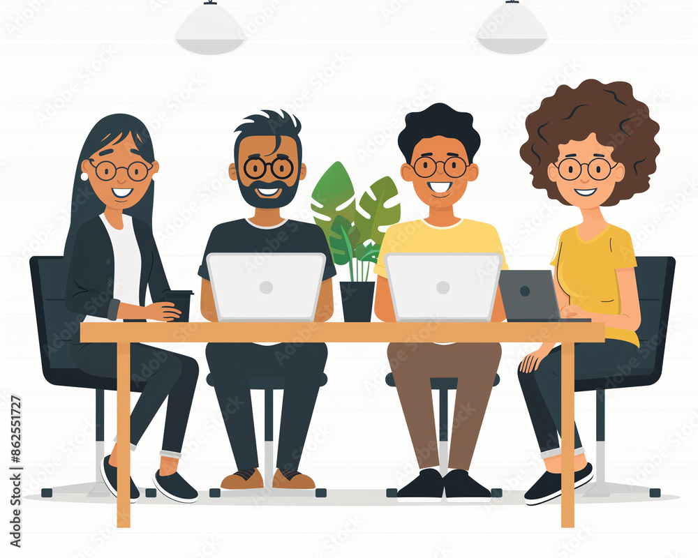 Illustration of happy coworkers working and meeting with diverse ...