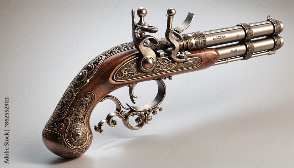 Elegant Arms: Detailed 3D View of an Engraved Flintlock Pistol. Old ...