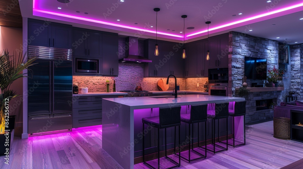 Illuminate your kitchen with LED strips installed along the ceiling and ...