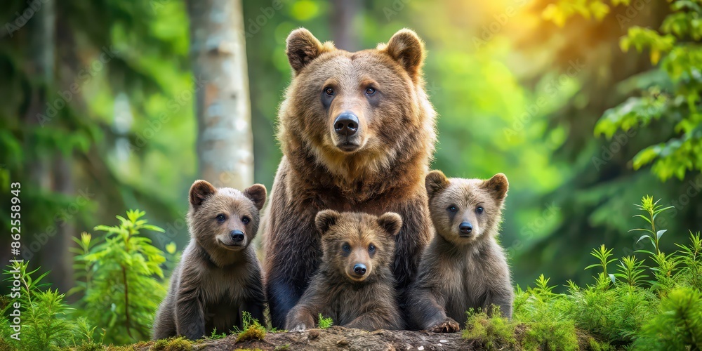 Protective mama bear watching over her cubs in the forest, motherhood ...