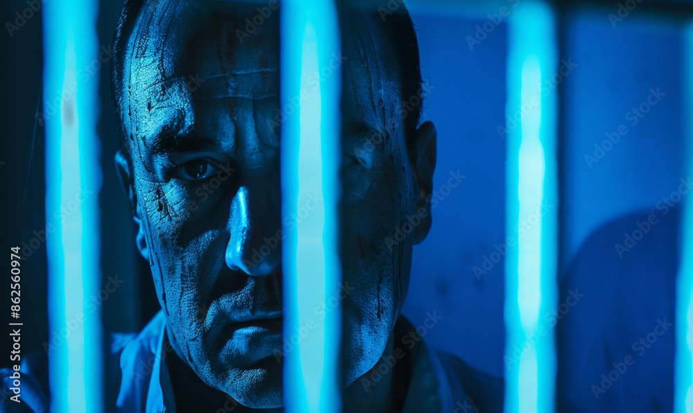 Prisoner stands in prison cell, looks at camera. Criminal serves ...