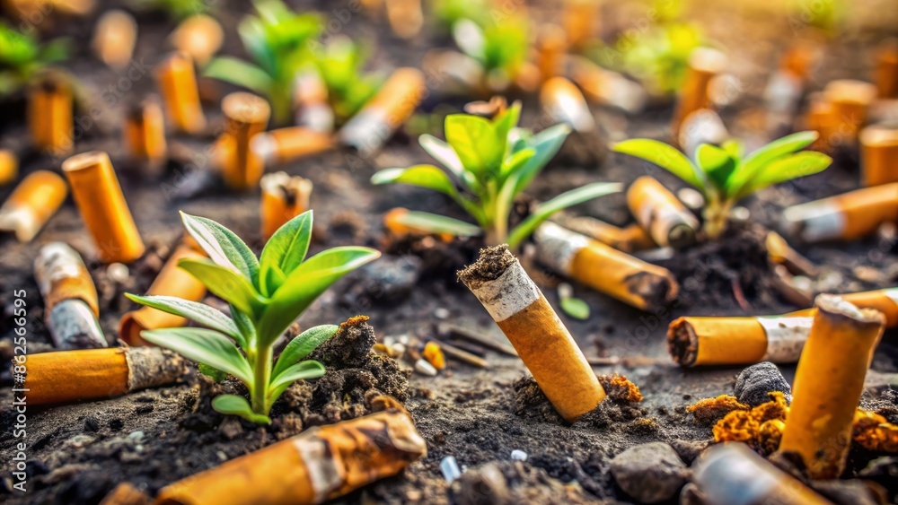 Discarded cigarette butts littering polluted soil amidst withered ...