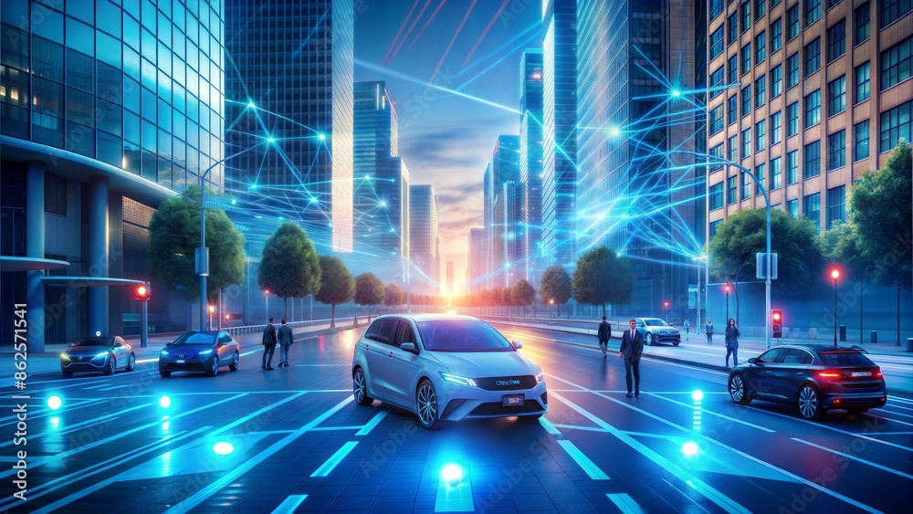 AI-driven autonomous vehicle navigating a smart city with holographic ...