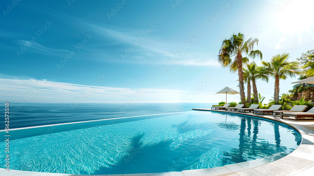 Terrace with sunbeds and swimming pool with clear blue water with ...